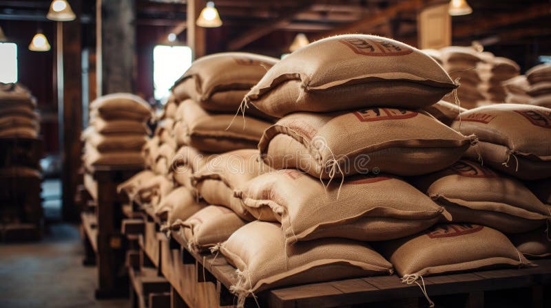Generative AI, Stack Hemp Sacks of Rice or Coffee, Industrial Stock ...