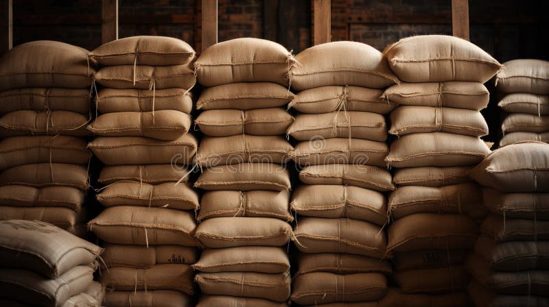 Generative AI, Stack Hemp Sacks of Rice or Coffee, Industrial Stock ...