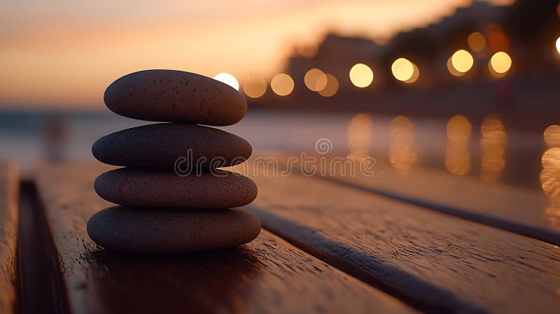 Generative AI Stack of Pebble Stones at the Beach on a Wooden Surface ...
