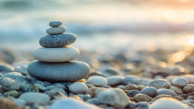 Generative AI Stack of Smooth Stones on Beach Reflecting Tranquility ...