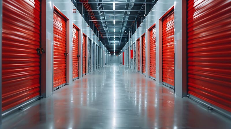 Generative AI Storage Corridor Warehouse Self Storage Facility Red and ...