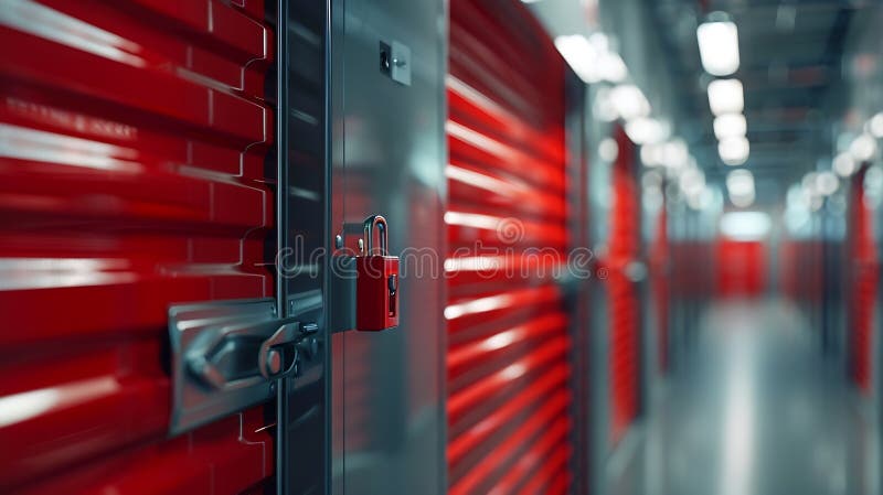 Generative AI Storage Corridor Warehouse Self Storage Facility Red and ...