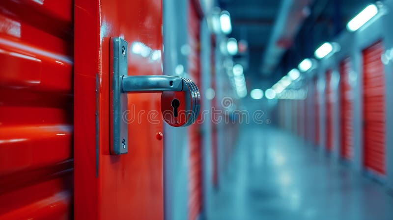 Generative AI Storage Corridor Warehouse Self Storage Facility Red and ...