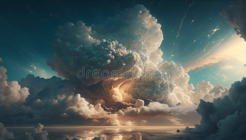 Generative AI of Stormy Sky with Big Cloud and Sun Stock Illustration ...