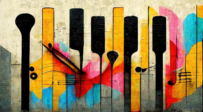 Generative AI, Street Art with Keys and Musical Instruments Silhouettes ...