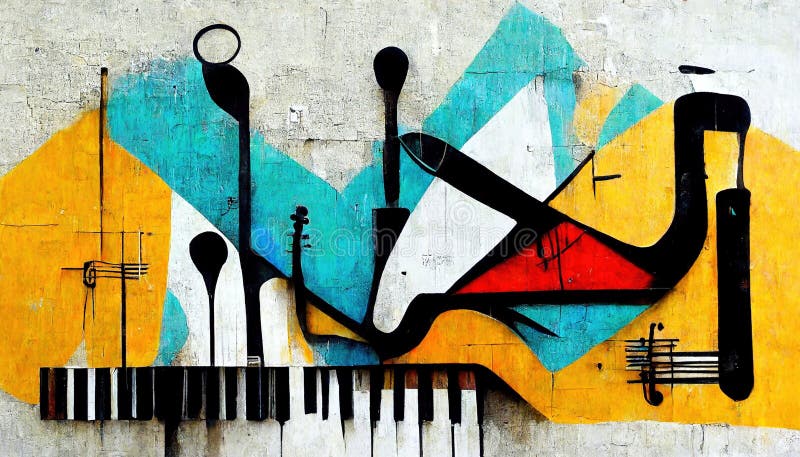 Generative AI, Street Art with Keys and Musical Instruments Silhouettes ...