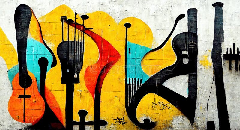 Generative AI, Street Art with Keys and Musical Instruments Silhouettes ...