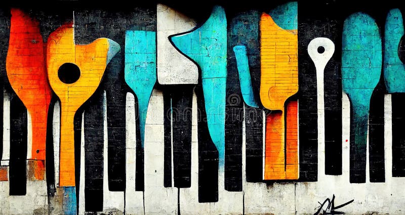 Generative AI, Street Art with Keys and Musical Instruments Silhouettes ...