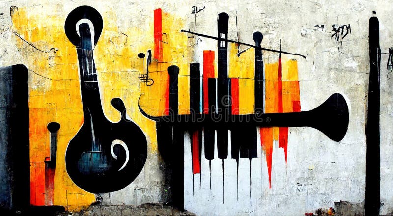 Generative AI, Street Art with Keys and Musical Instruments Silhouettes ...