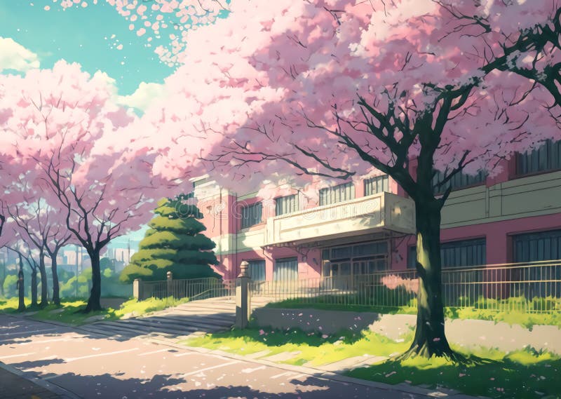 Generative AI Street Drawing with Pink Trees Stock Image - Image of ...