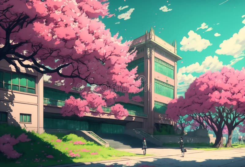 Generative AI Street Drawing with Pink Trees Stock Image - Image of ...