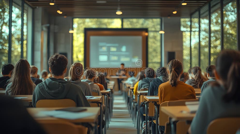 Generative AI. Students Engaged in a Lecture Inside a Modern Classroom ...