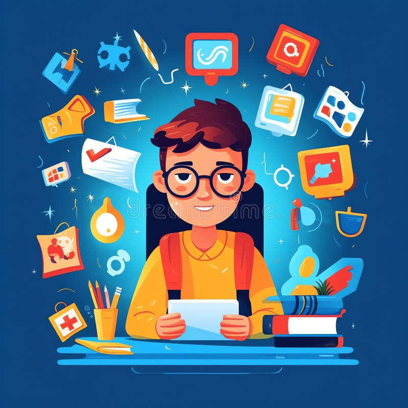 Generative AI Studying Boy - Vector Illustration- Stock Illustration ...
