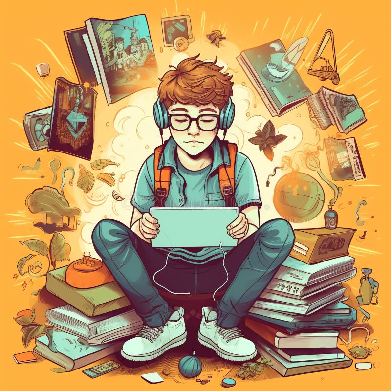 Generative AI Studying Boy - Vector Illustration- Stock Illustration ...