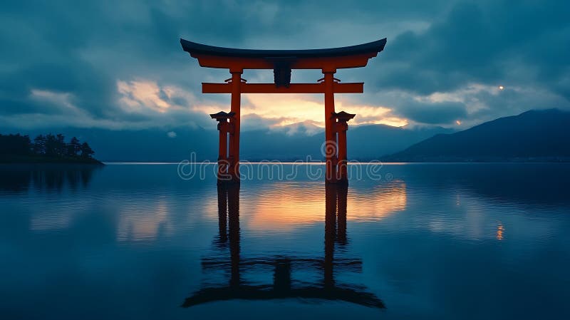 Generative AI Stunning Sunset Behind Red Torii Gate Reflected on ...