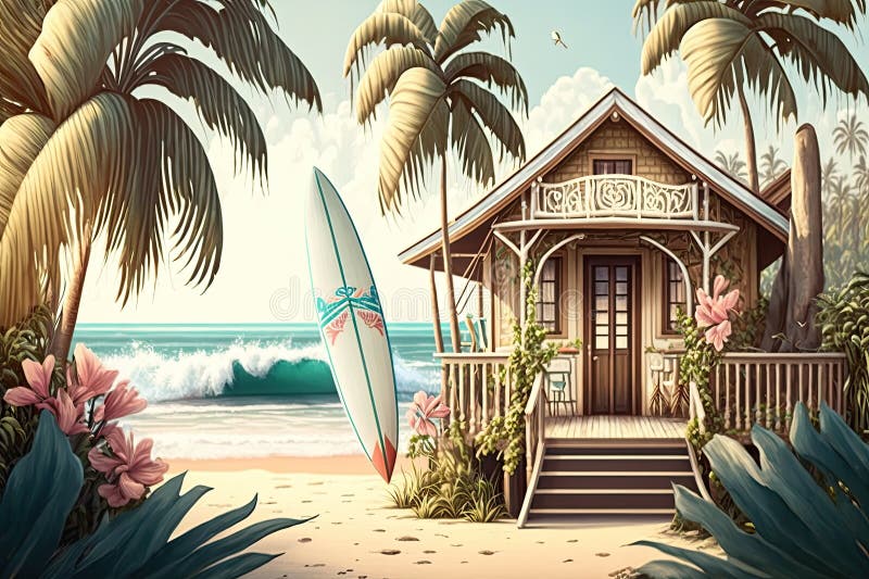 Summer Surf Beach House and Surf Board Stock Image - Image of design ...