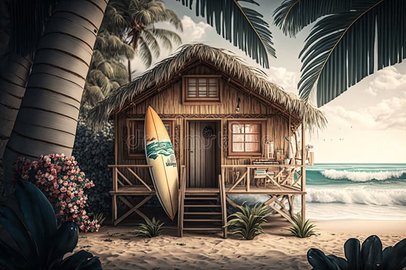 Summer Surf Beach House and Surf Board Stock Photo - Image of board ...