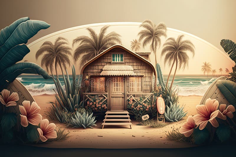 Summer Surf Beach House and Surf Board Stock Image - Image of house ...