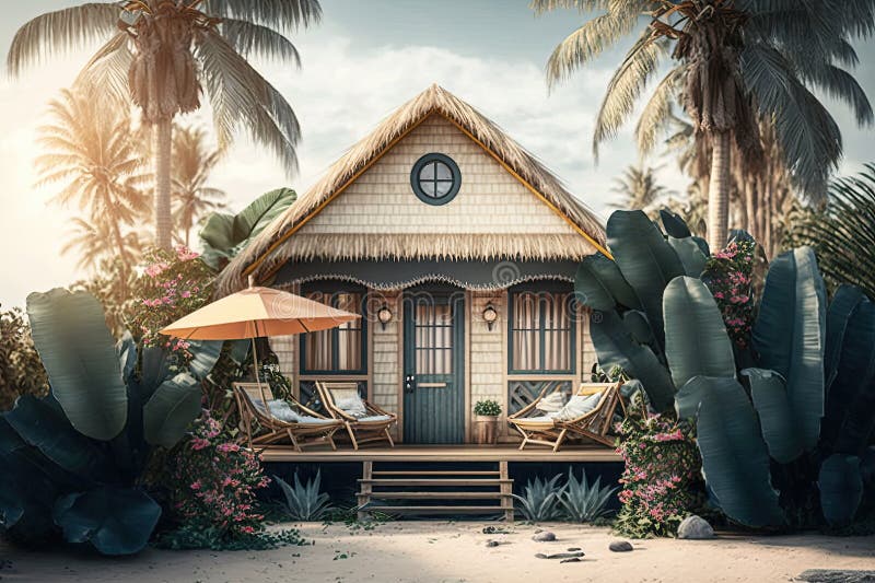 Summer Surf Beach House and Surf Board Stock Photo - Image of ...