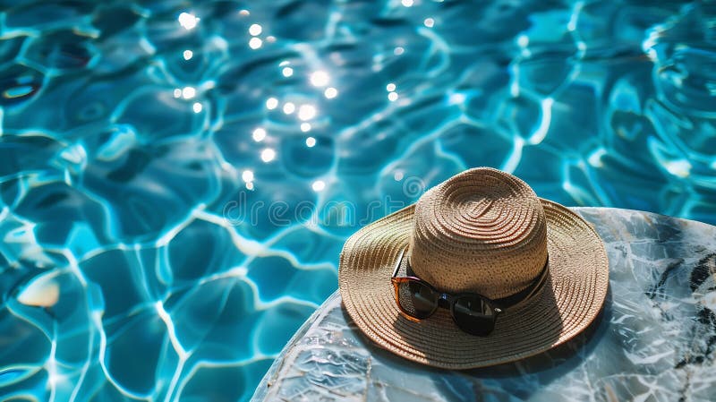 Generative AI Sunglasses and Straw Hat on Marble Swimming Pool Side ...