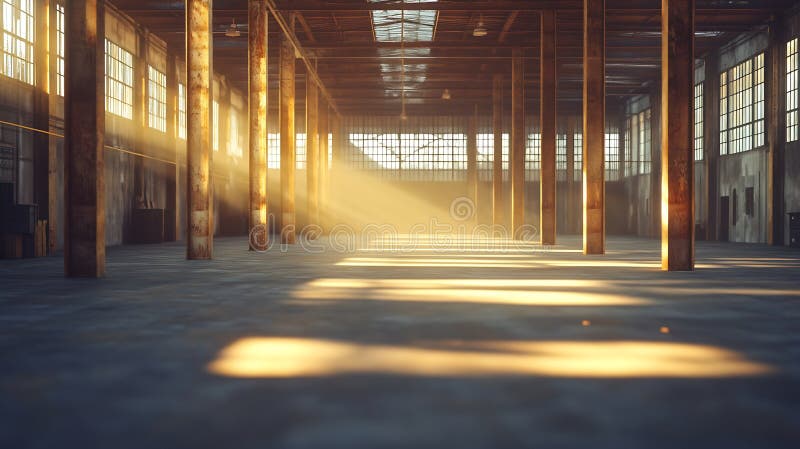 Generative AI Sunlight Streaming into Empty Rustic Warehouse with ...