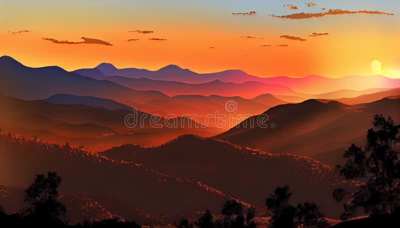 Generative AI, Sunset Spectrum: a Mountain Range Transitioning into ...