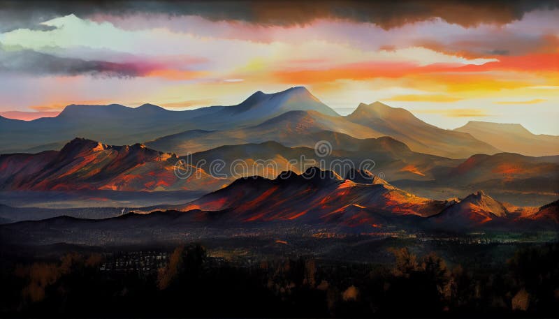 Generative AI, Sunset Spectrum: a Mountain Range Transitioning into ...