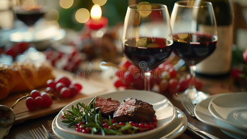 Generative AI Table Setting with Plate of Beef with Glasses of Red Wine ...