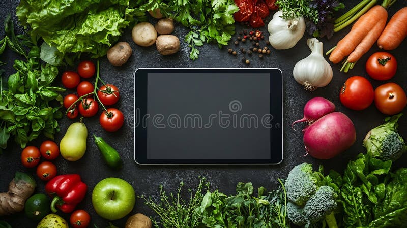 Generative AI Tablet Computer with Empty Screen on Table with Green ...