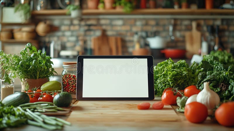 Generative AI Tablet Computer with Empty Screen on Table with Green ...