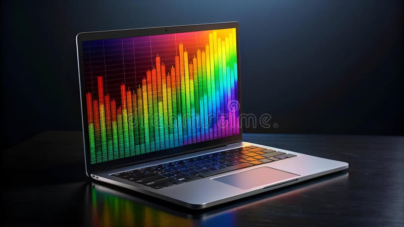 Laptop on a Black Background with Rainbow Market Financial Data Chart ...