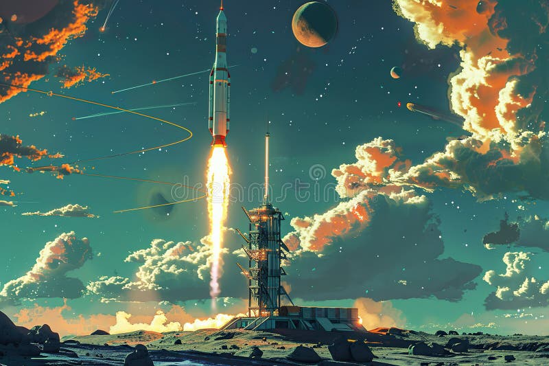 Generative Ai on Theme of Beautiful Space Rocket in Sky, Bright ...