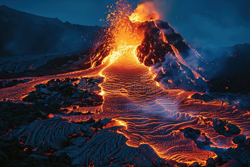 Generative Ai on Theme of Erupting Volcano with Cascading Hot Lava Surrounded Thick White Smoke ...