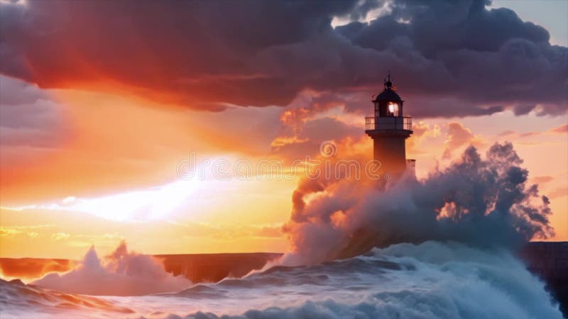 Generative Ai on Theme of Large Retro Lighthouse with Beam of Bright ...