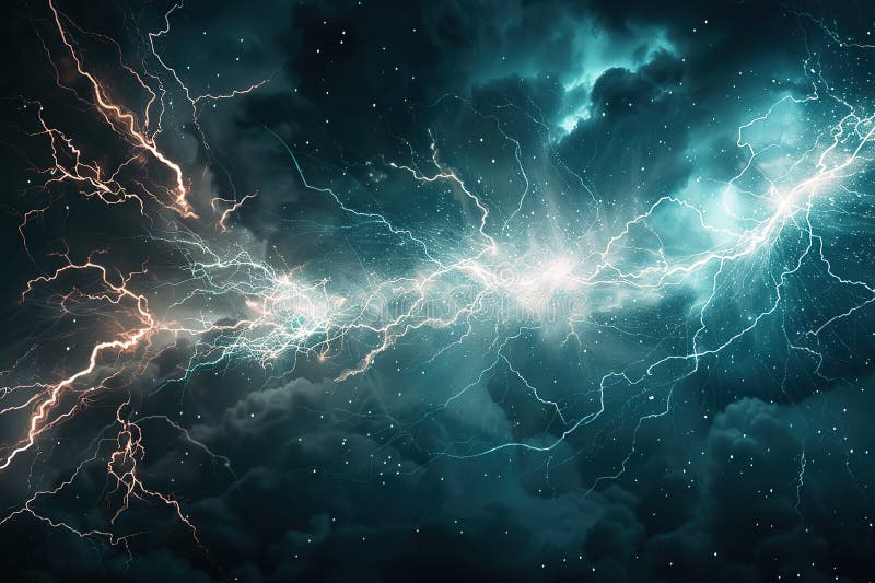 Generative Ai on Theme of Scary Bright Electric Lightning Bolt with Branches in the Night Dark ...