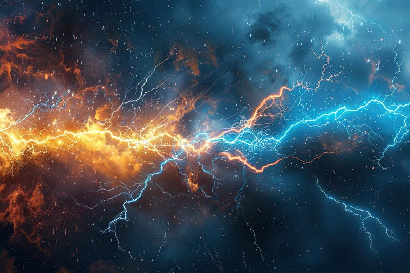 Generative Ai on Theme of Scary Bright Electric Lightning Bolt with Branches in the Night Dark ...