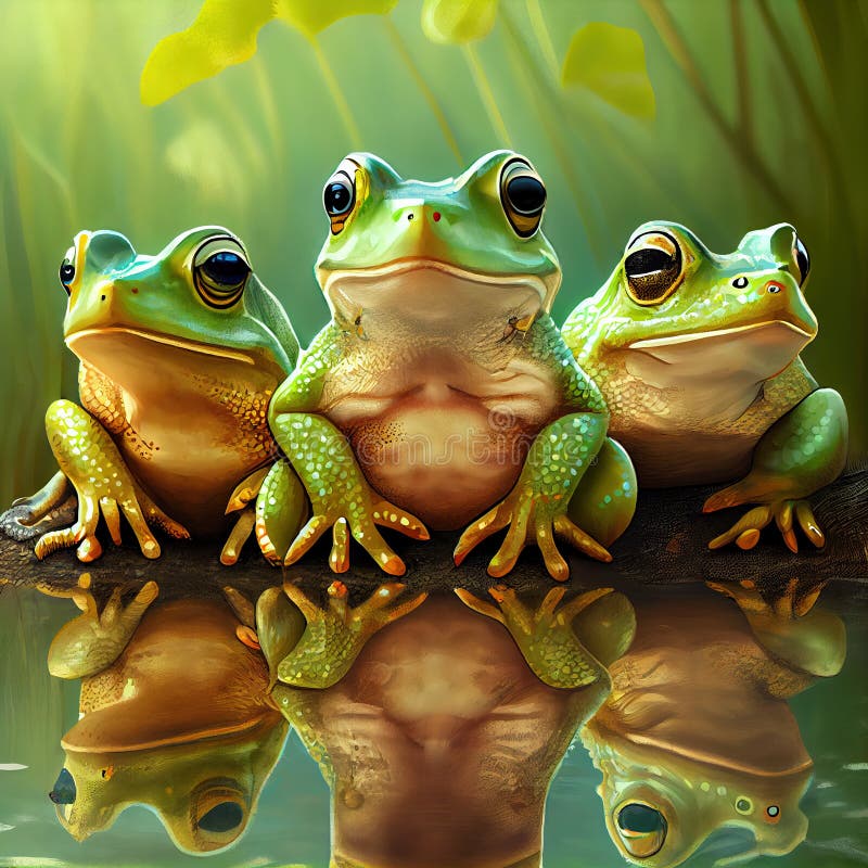 Generative AI: Three Cute Frogs Reflected in the Lake Stock ...