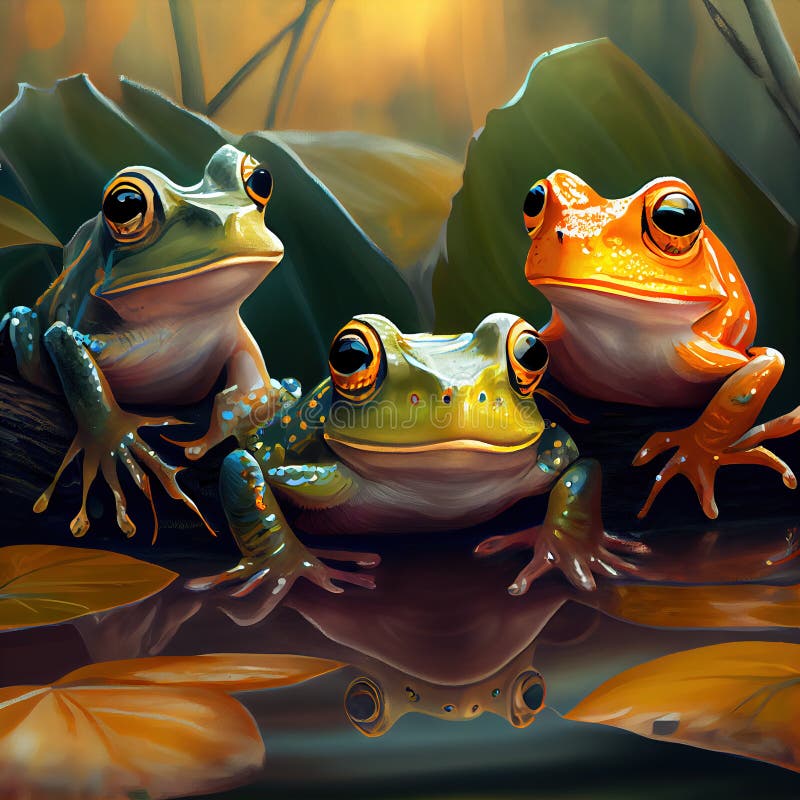 Generative AI: Three Cute Frogs Reflected in the Lake Stock ...