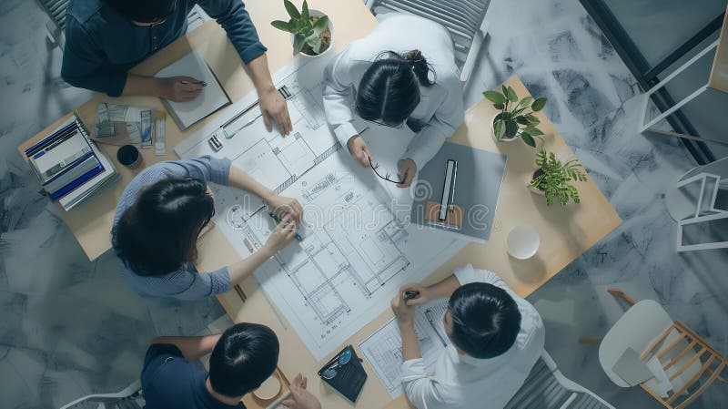 Generative AI Top View of Group of Smart Asian Architect Interior Design Team Consulting with ...