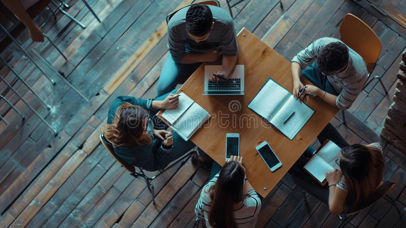 Generative AI Top View of Group of Students Sitting Together at Table ...