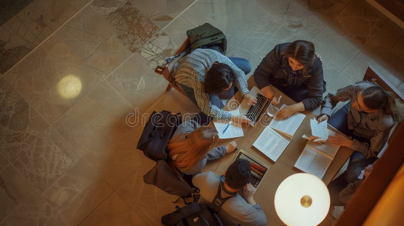 Generative AI Top View of Group of Students Sitting Together at Table ...