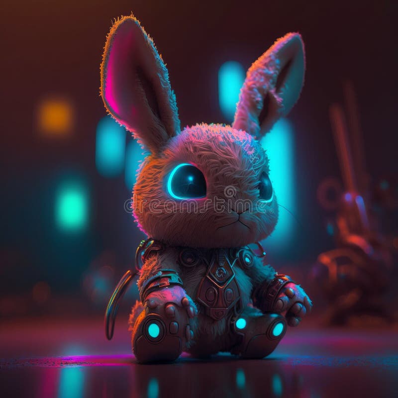 Generative AI of a Toy Rabbit on a Dark Background with Neon Lights ...