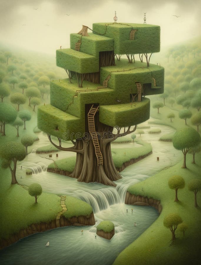 Generative AI: Tree and House with Gardens and Path Stock Illustration ...