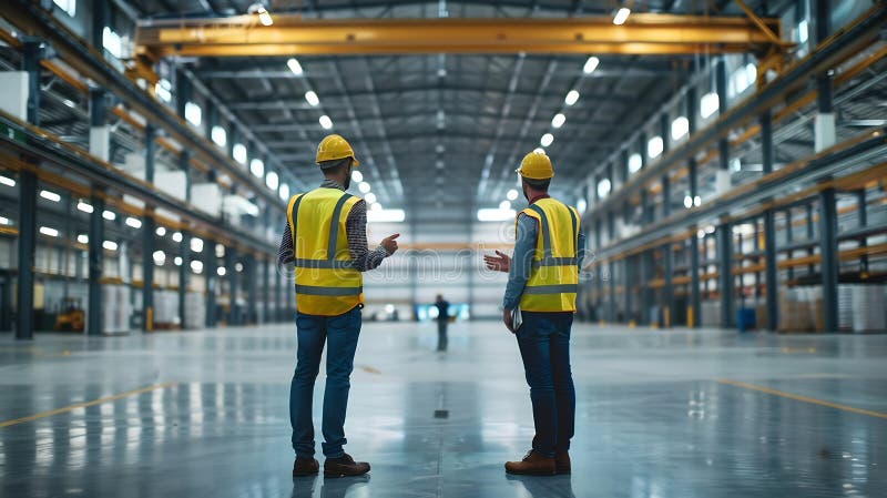 Generative AI Two Engineers Talking Standing in the Middle of an Empty ...