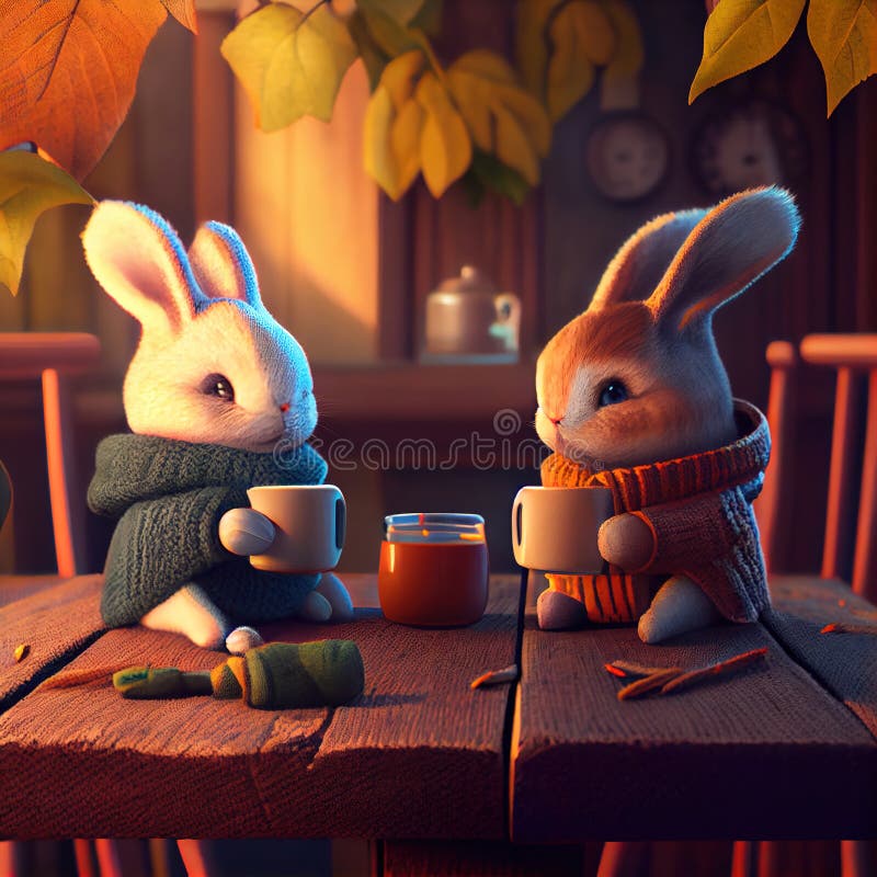 Generative AI: Two Fantasy Rabbits Having a Coffee Stock Illustration ...