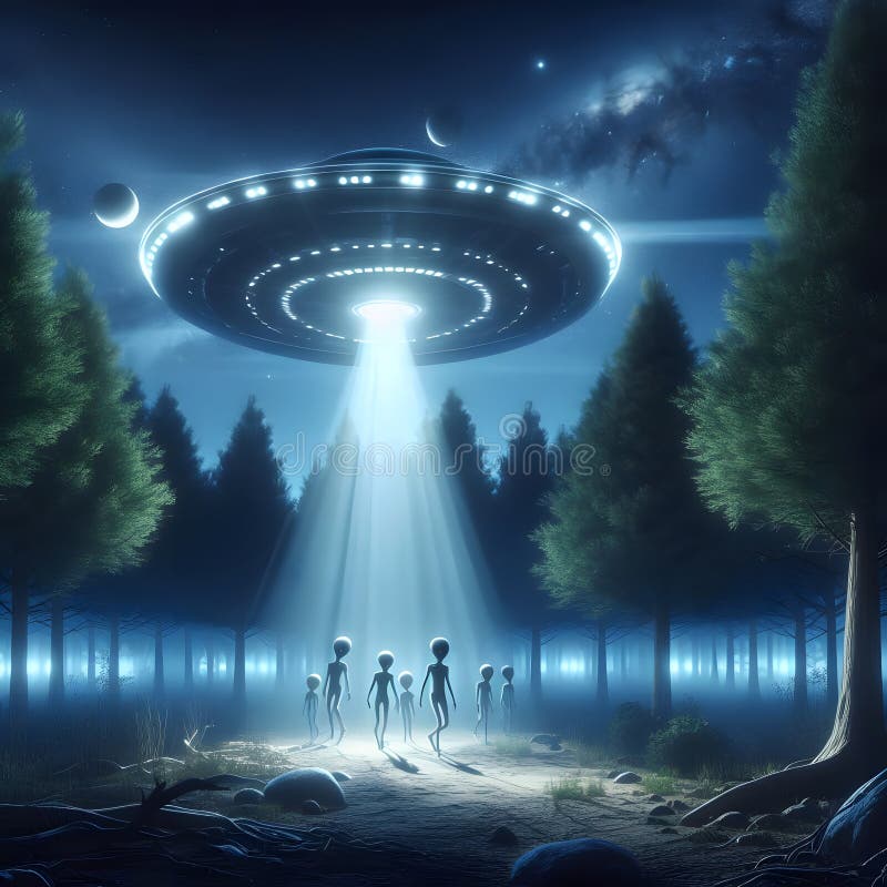 Generative AI UFO with Aliens in the Forest Stock Illustration ...