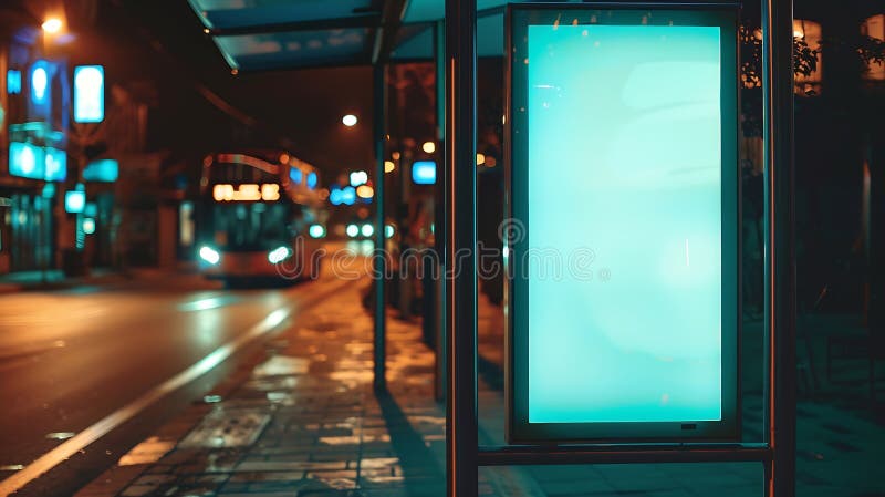 Generative AI Vertical Billboard Screen Light Box in Night at the Bus ...