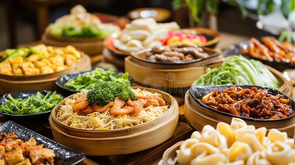 Generative AI a Vibrant Array of Authentic Asian Dishes on a Rustic ...