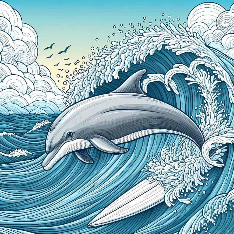 Dolphin Surfing on a Giant Wave. Stock Illustration - Illustration of ...