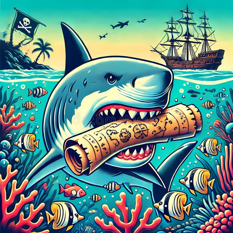 A Mischievous Shark with a Treasure Map Clutched between Its Teeth ...